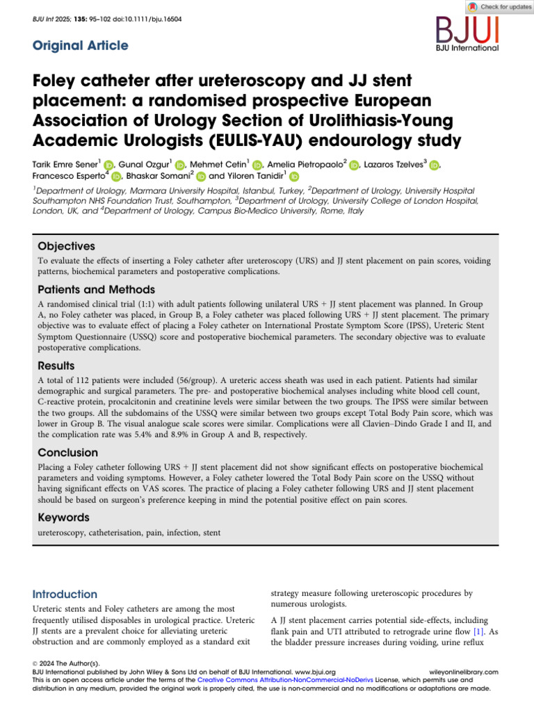 BJU International - 2024 - Sener - Foley Catheter After Ureteroscopy ...
