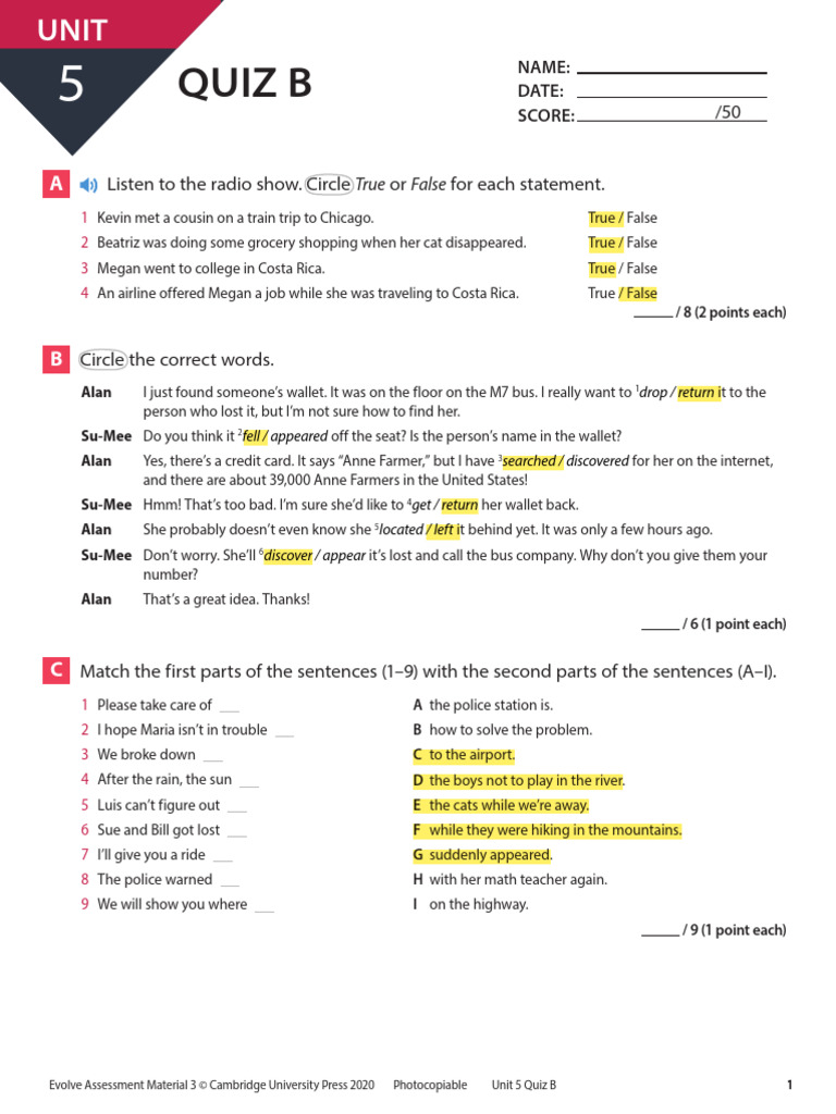 Evolve - L3 - Unit 5 Quiz - B | PDF
