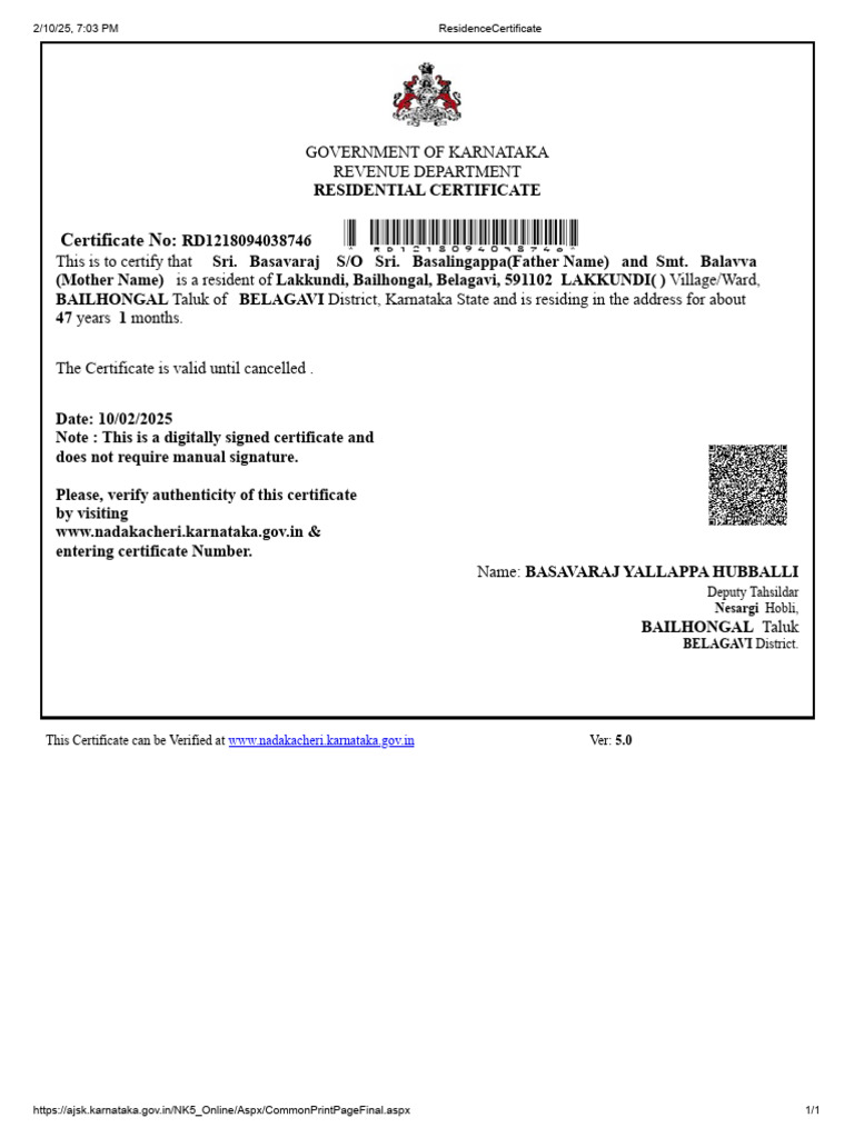 Karnataka Residential Certificate PDF | PDF