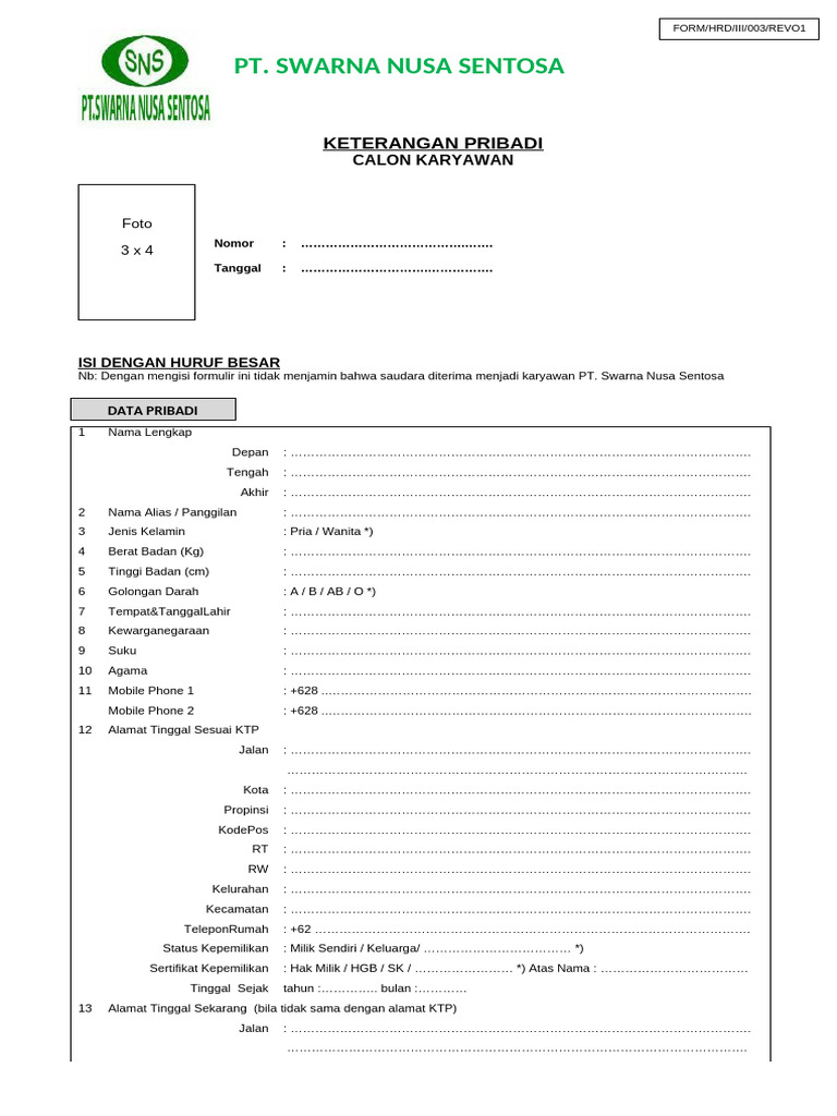 Form Data Diri Calon Karyawan Baru | PDF