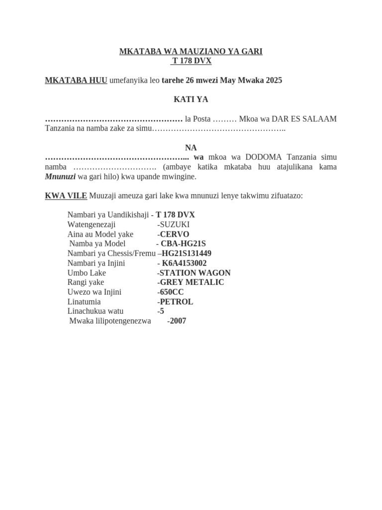 Mkataba Wa Mauziano Ya Gari 12 | PDF