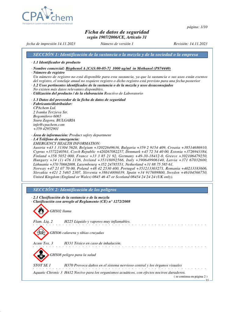 SD - Bisphenol A (CAS 80-05-7) 1000 Ug ML in Methanol (P874440) (ES ...