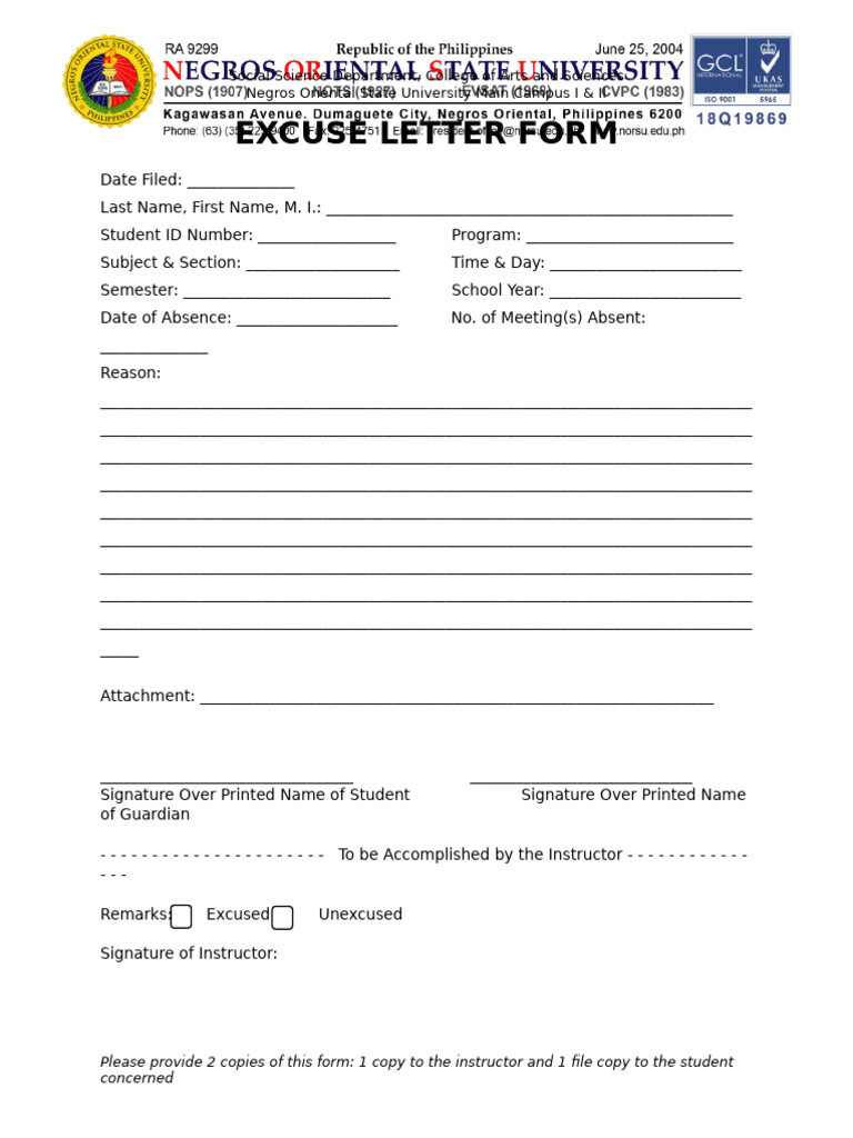 Excuse Letter Form | PDF