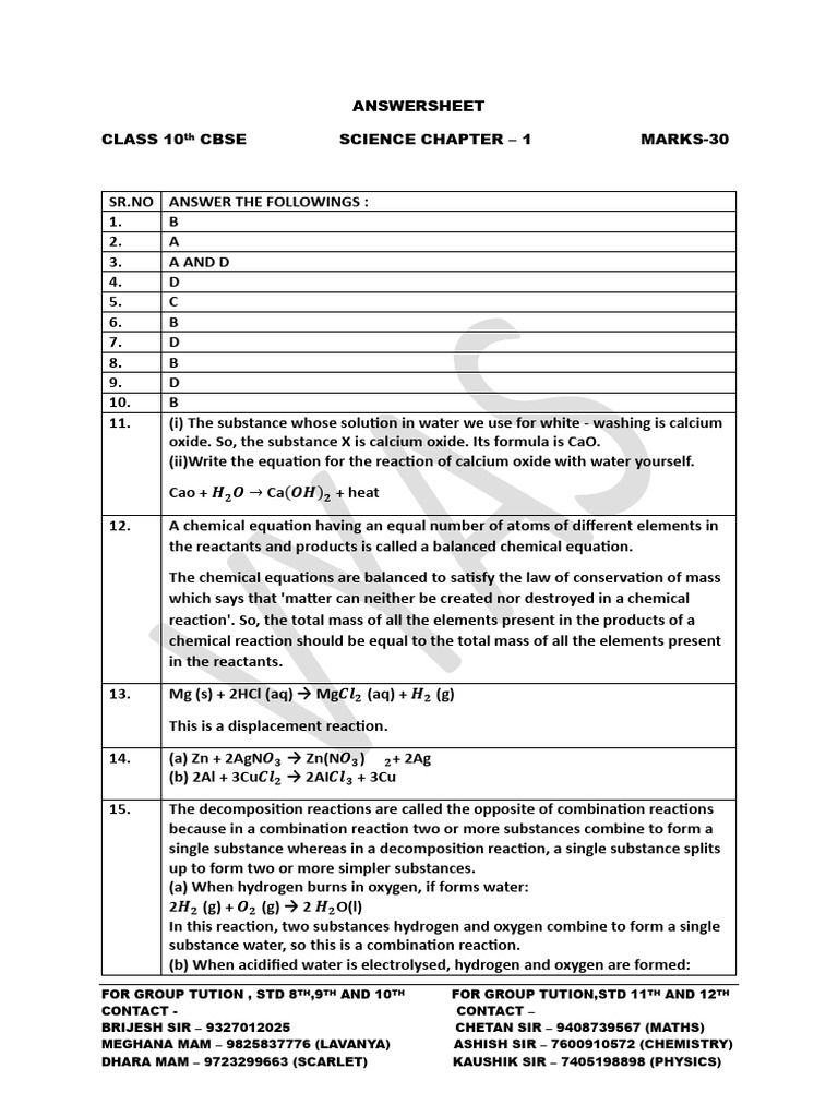 Answersheet CH 1 Science Cbse Standard 10 | PDF | Chemical Reactions | Chemical Substances
