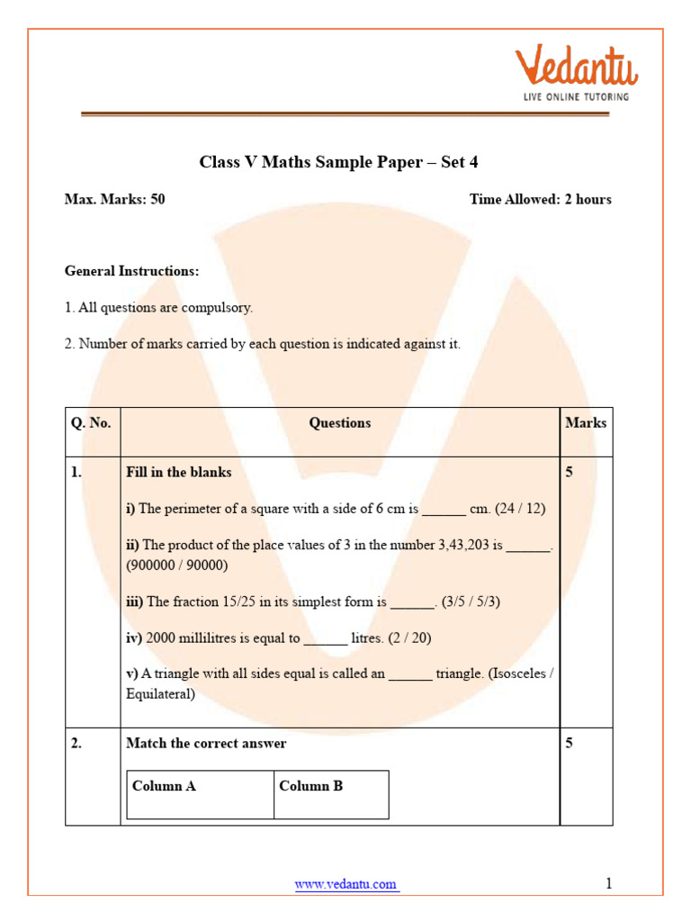 Class V Maths Sample Paper Set 4 | PDF | Area | Litre