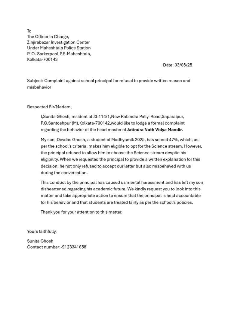 School Police Sunita Letter | PDF