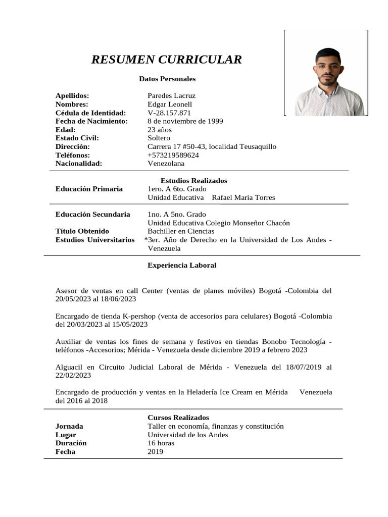 Edgar Leonell Paredes HV Nuevo | PDF