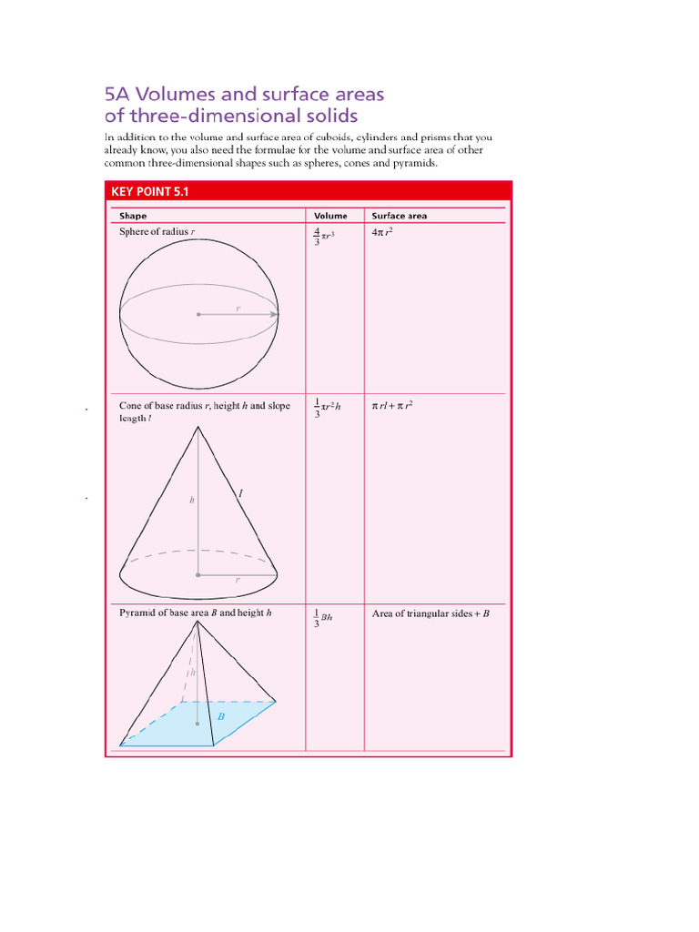 Volume and Surface Area of Three Dimensional Shapes | PDF