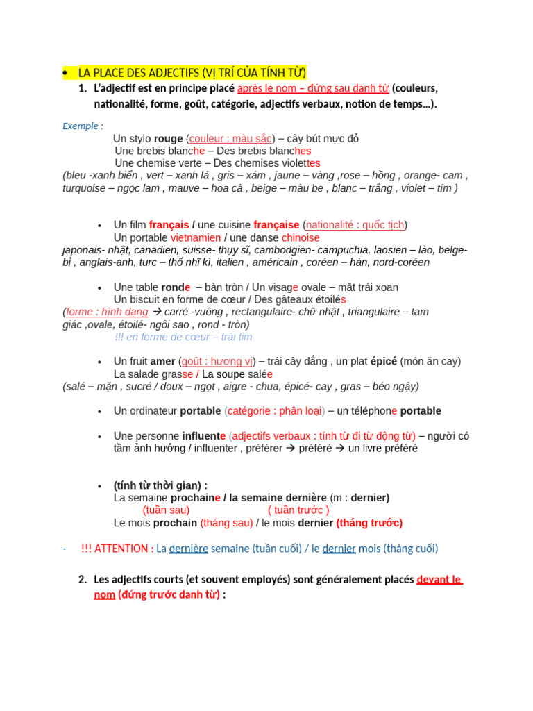 Position des adjectifs en français | PDF | Couleur | Arc en ciel