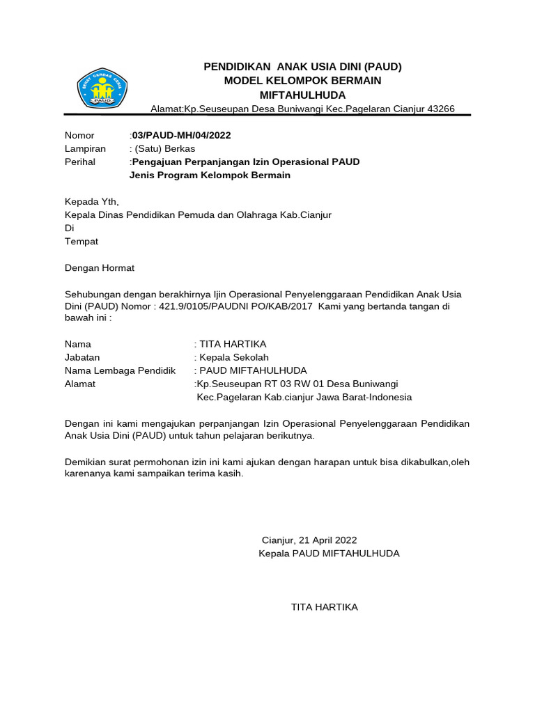 Surat Pengajuan Ijin Operasional Paud | PDF