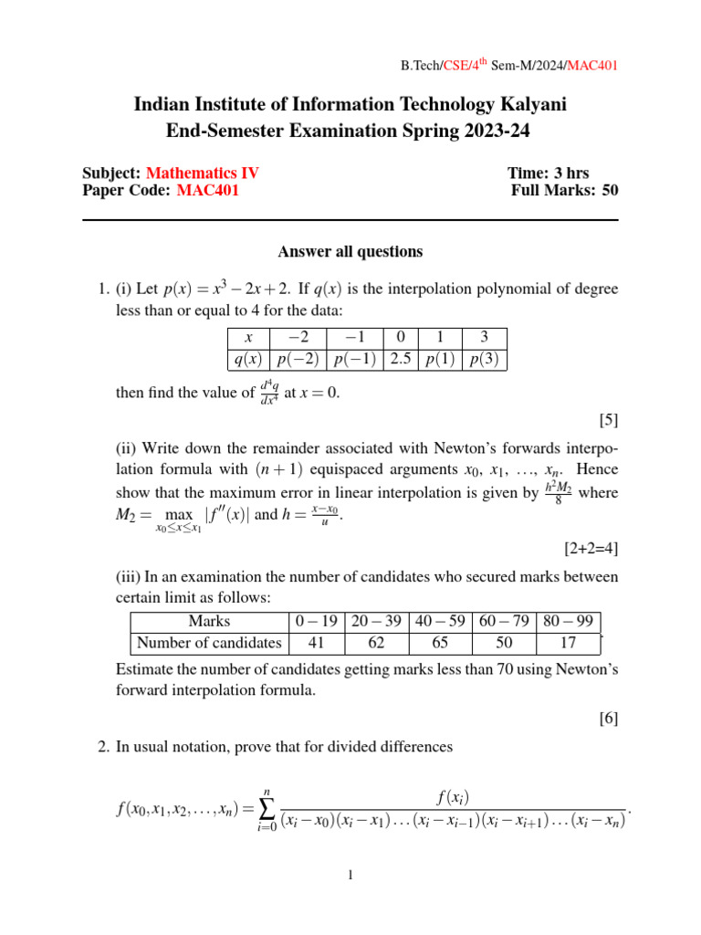 MAC 401 EndSem Spring 2024 Mathematics IV | PDF | Interpolation | Numerical Analysis
