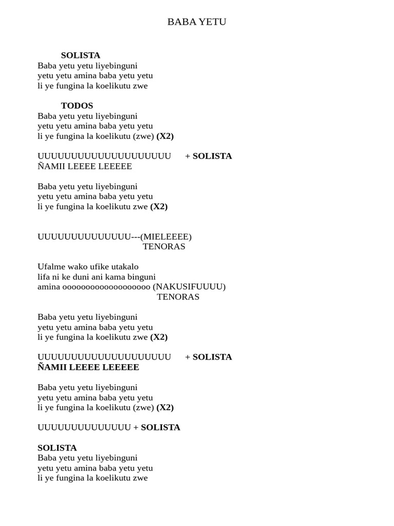 Baba Yetu Lyrics and Chords | PDF