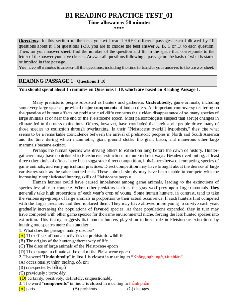 b1 Reading Practice Test_01_key | PDF | Hunting | Extinction