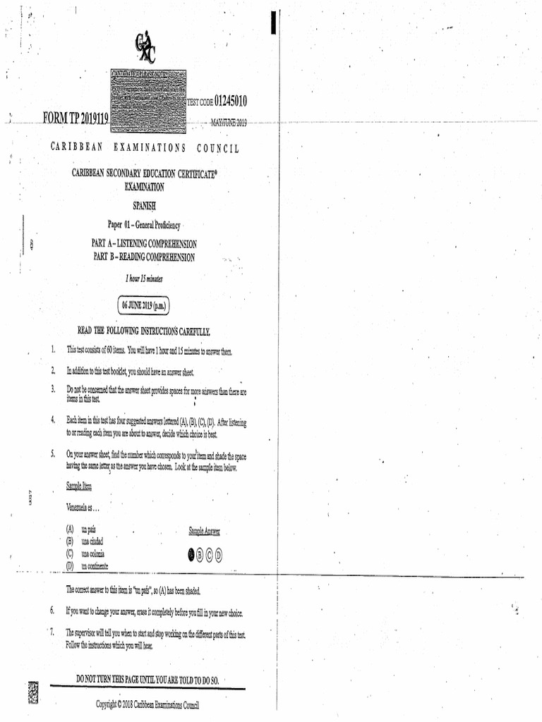 CSEC Spanish June 2019 P1 | PDF