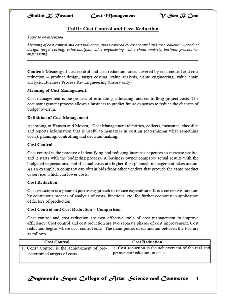 Unit 1 - Cost Control and Cost Reduction | PDF | Cost Accounting | Business