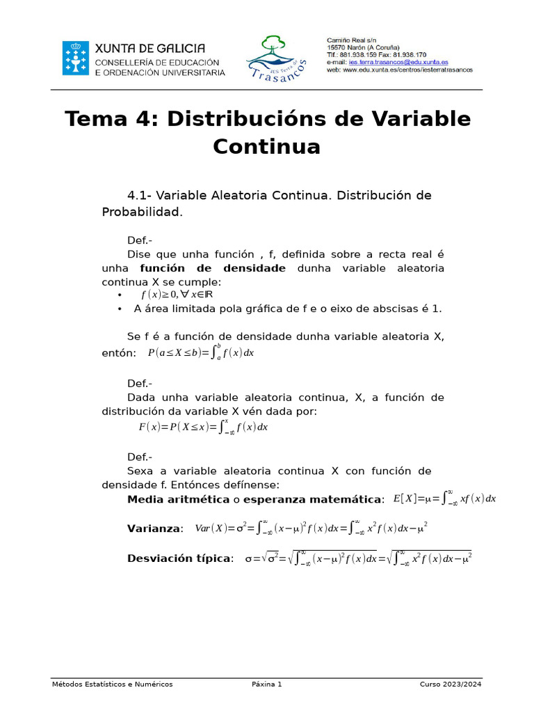 Tema 3 - Distribucións de Variable Continua | PDF