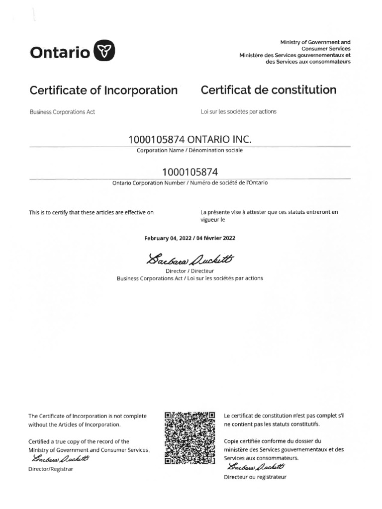 Ontario Inc. Articles of Incorp | PDF | Liquidation | Dividend