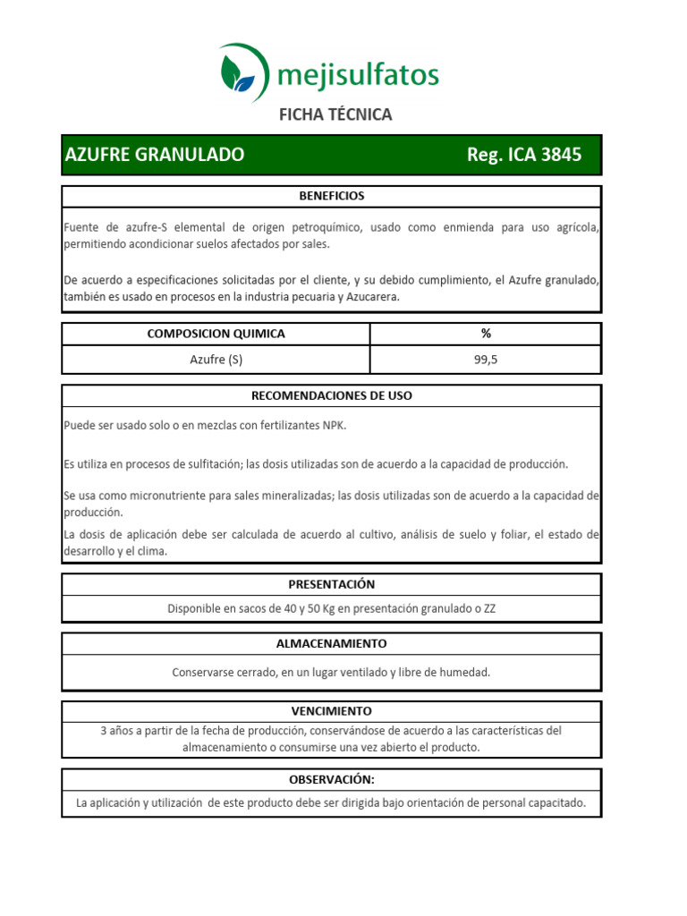 Azufre Granulado para Uso Agrícola | PDF