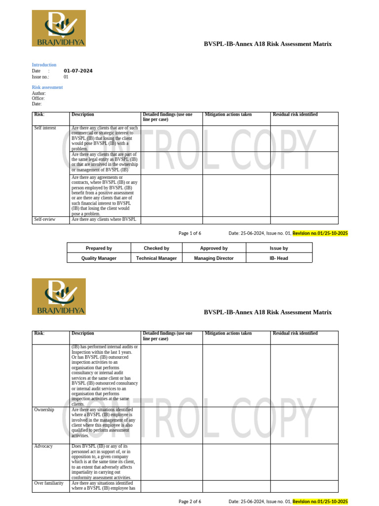 BVSPL-IB-Annex A18 Risk Assessment Matrix | PDF | Risk | Risk Assessment