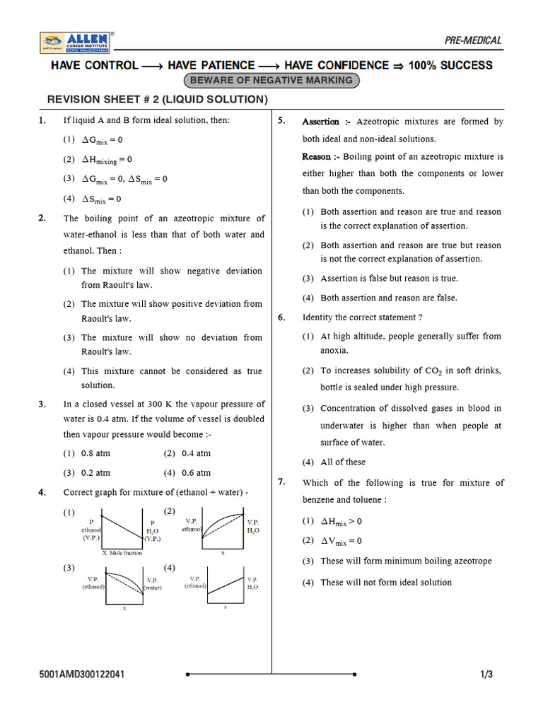 Revision Sheet - Liquid Solution | PDF | Chemistry | Continuum Mechanics