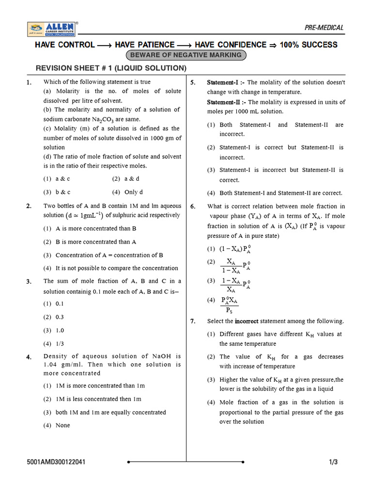 Revision Sheet - Liquid Solution | PDF | Concentration | Physical Sciences