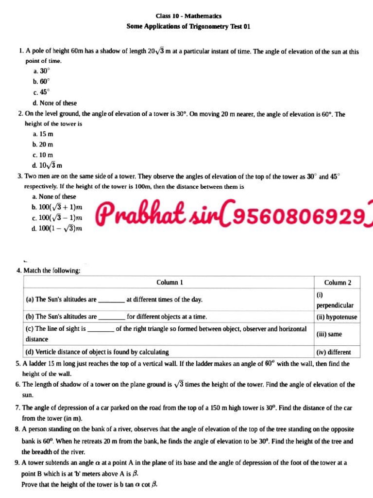 10 TH Math Application of Trigonometry Test-1 | PDF | Euclidean Plane ...