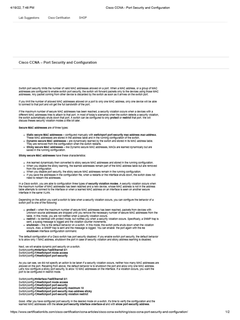 Port Security and Configuration | PDF | Network Switch | Cisco Certifications