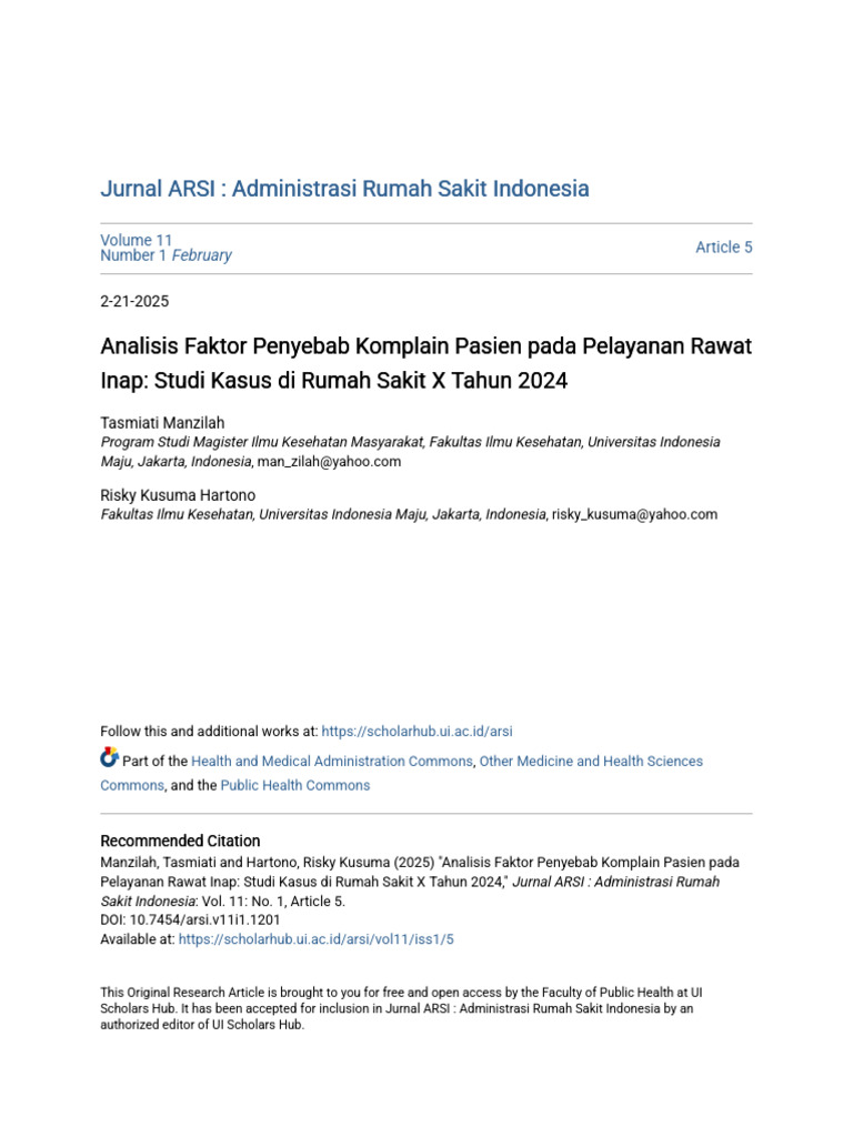 Analisis Faktor Penyebab Komplain Pasien Pada Pelayanan Rawat Inap - Studi Kasus Di Rumah Sakit ...