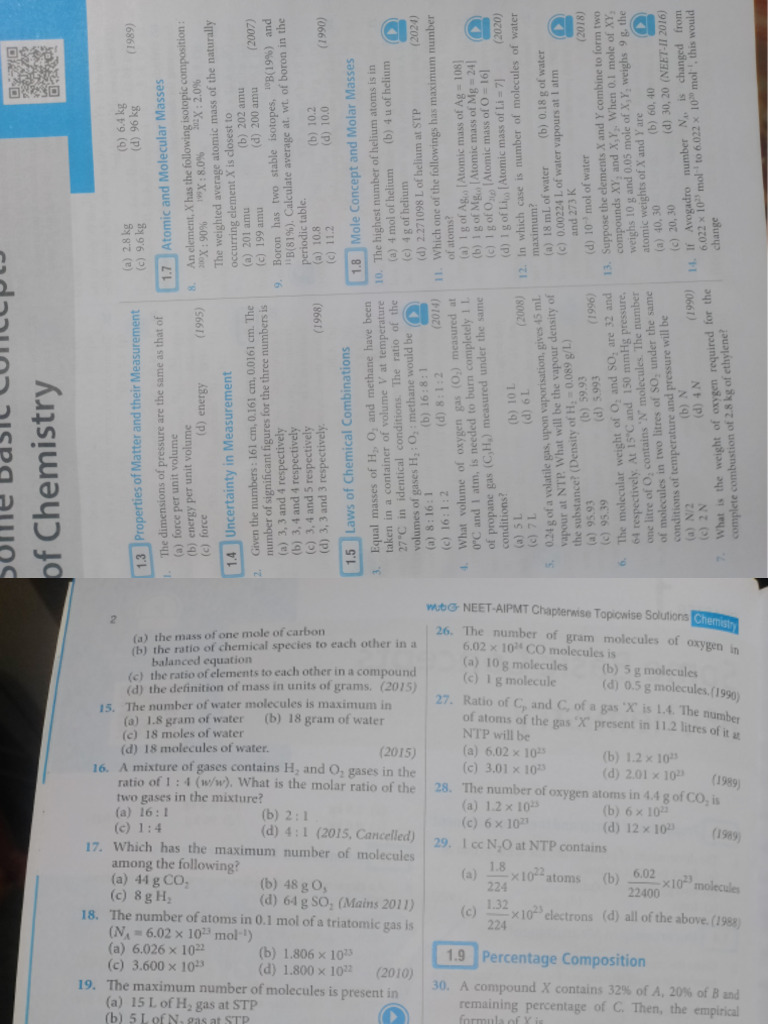 NEET PYQ (Mole Concept) With Answer Key & Hint | PDF