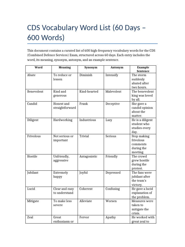 CDS Vocabulary List for Exam Prep | PDF