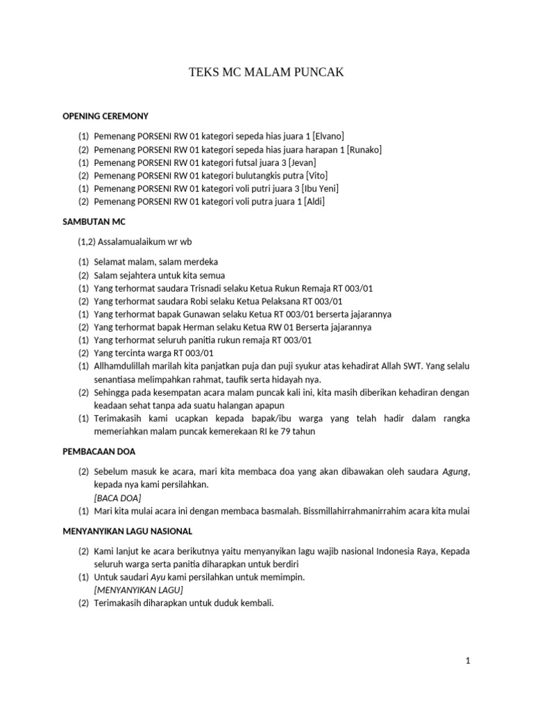 Teks MC Malam Puncak | PDF