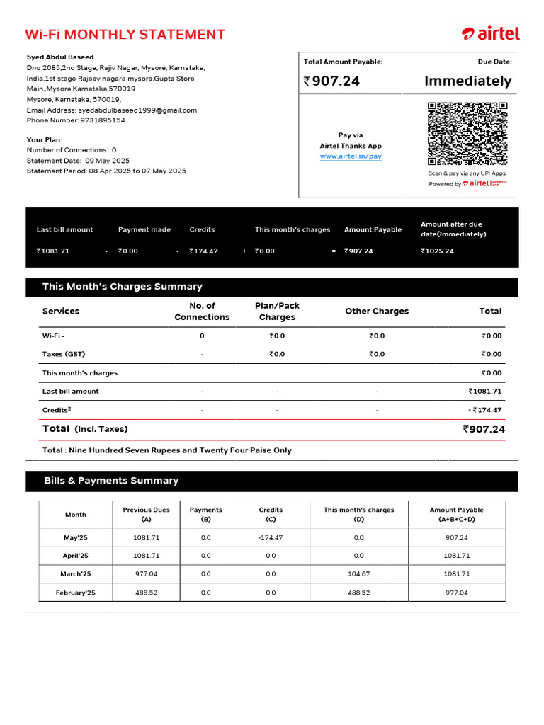 Wi-Fi Monthly Statement: 907.24 Immediately | PDF | Payments | Taxes