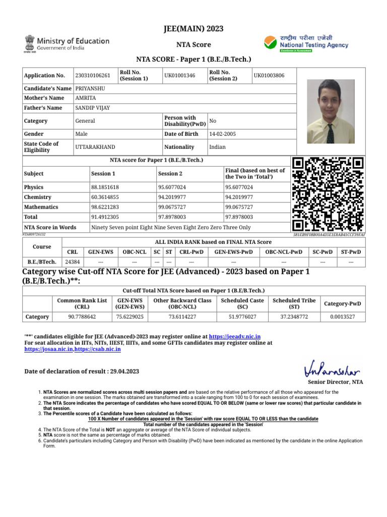 JEE Main 2023 NTA Score Report for Priyanshu | PDF | Career And ...
