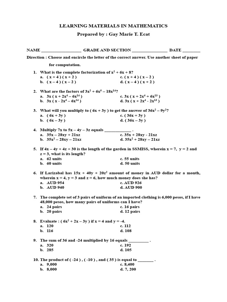 Learning Materials in Mathematics About Polynomials | PDF | Algebra ...