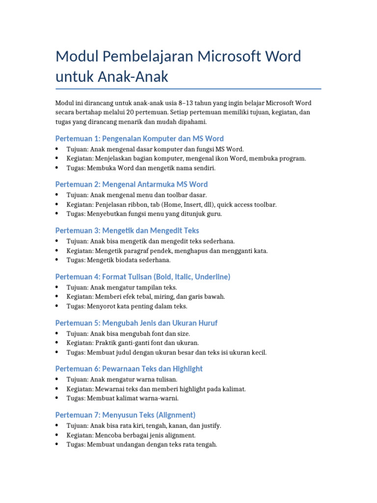 Modul MS Word Anak 20 Pertemuan | PDF