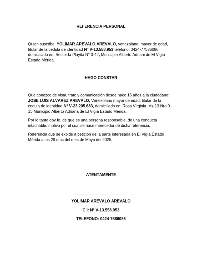 Referencia de Persona Intachable | PDF