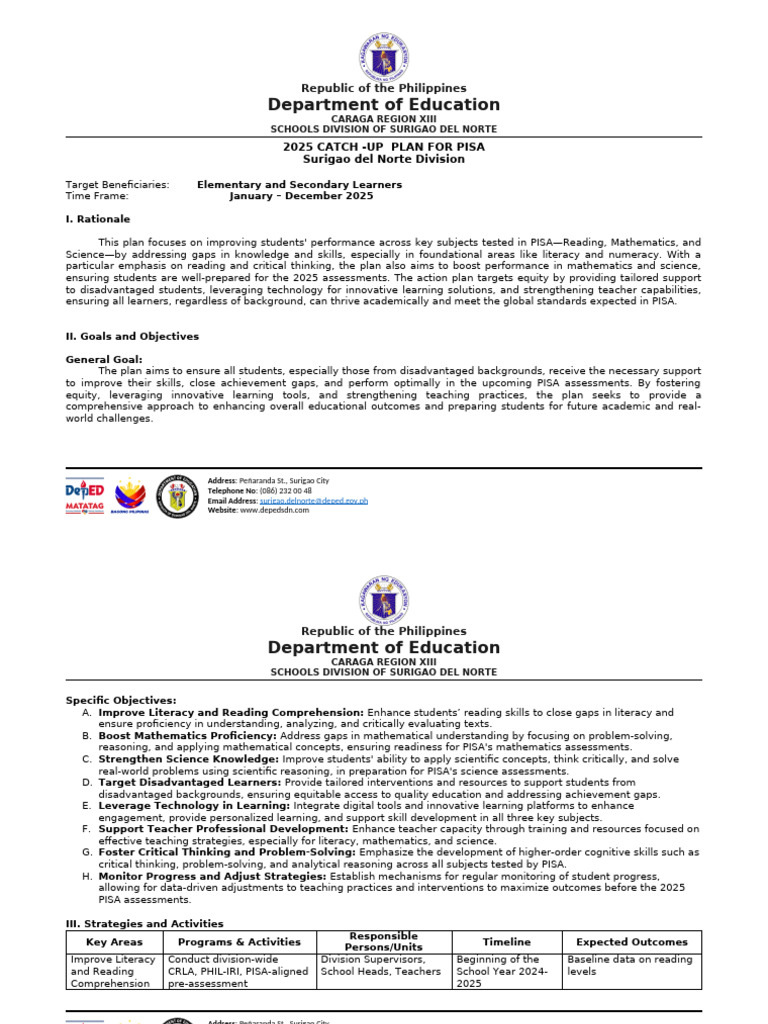 Final Sdo SDN 2025 Catch - Up Action Plan For Pisa | PDF | Literacy | Programme For ...