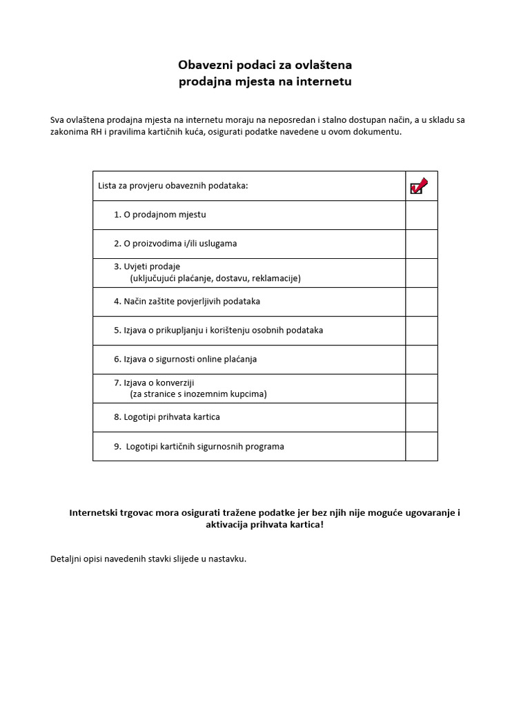 Obavezni Podaci Za Prodajna Mjesta | PDF
