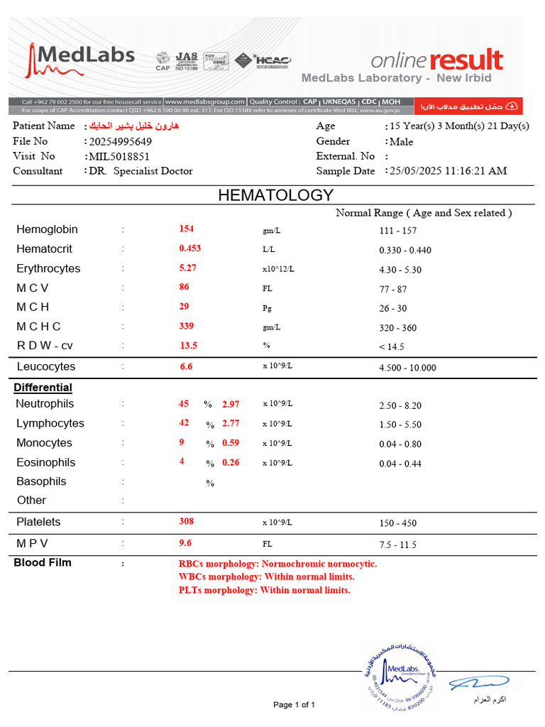 Hematology: Medlabs Laboratory - New Irbid | PDF | Blood | Hematology