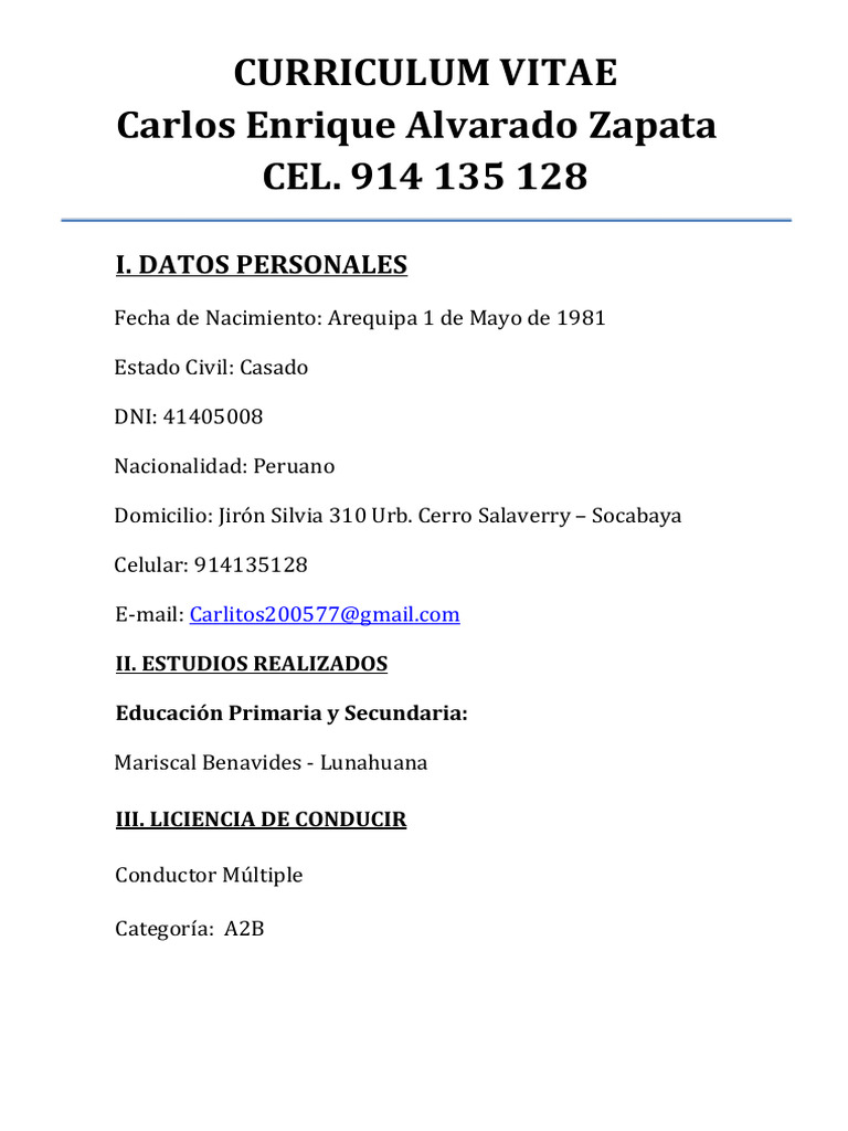 Cv. Carlos Alvarado Zapata | PDF