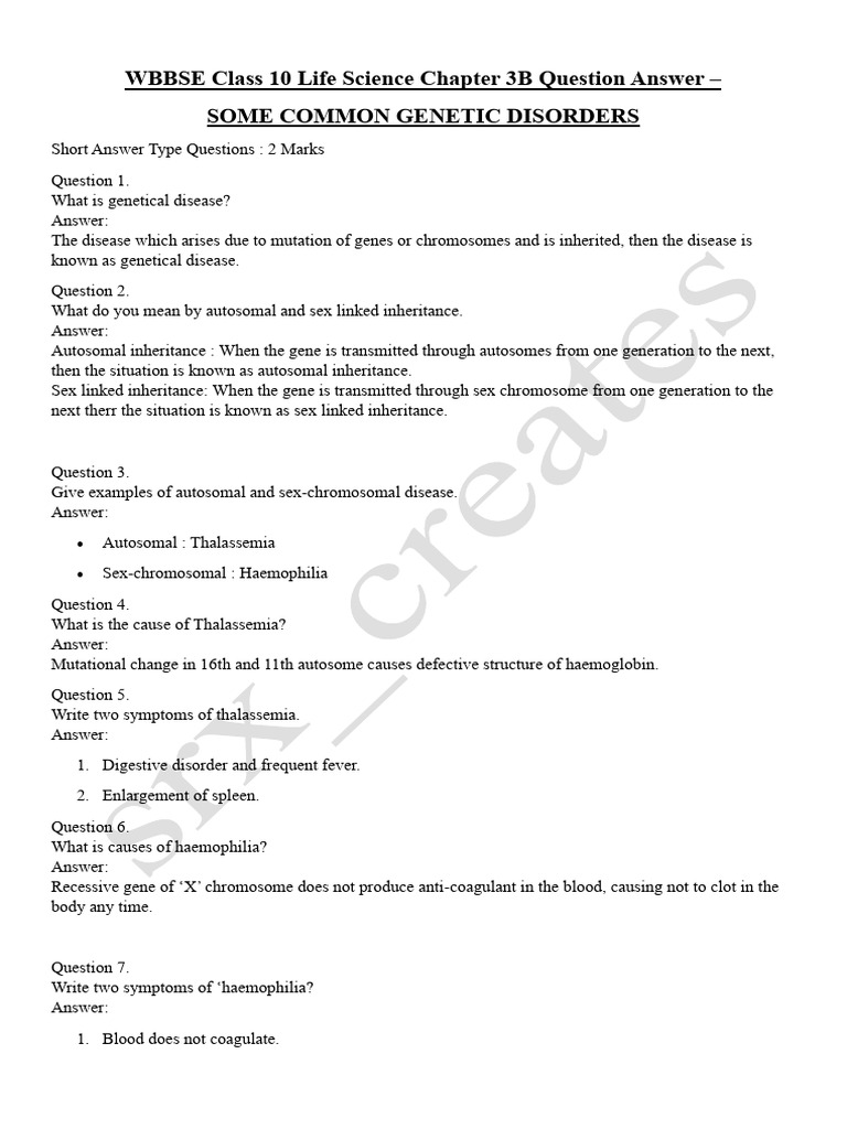 Wbbse Class 10 Life Science Chapter 3b Qns Genetic Disorders | PDF | Haemophilia | Dominance ...
