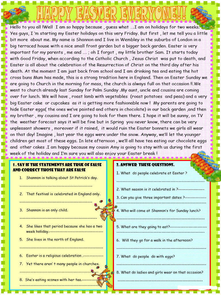 G-9 Happy Easter Reading Comprehension | PDF | Easter | Christian ...