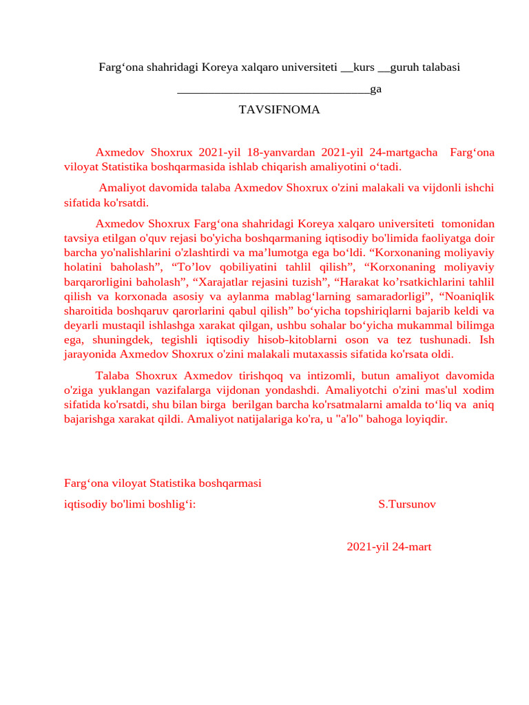 Tavsifnoma (Namuna) | PDF