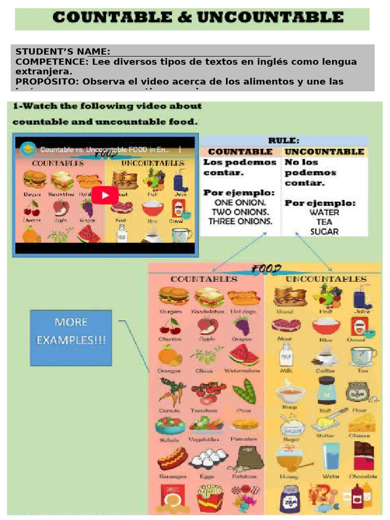 Worksheet - Countable and Uncountable Food | PDF