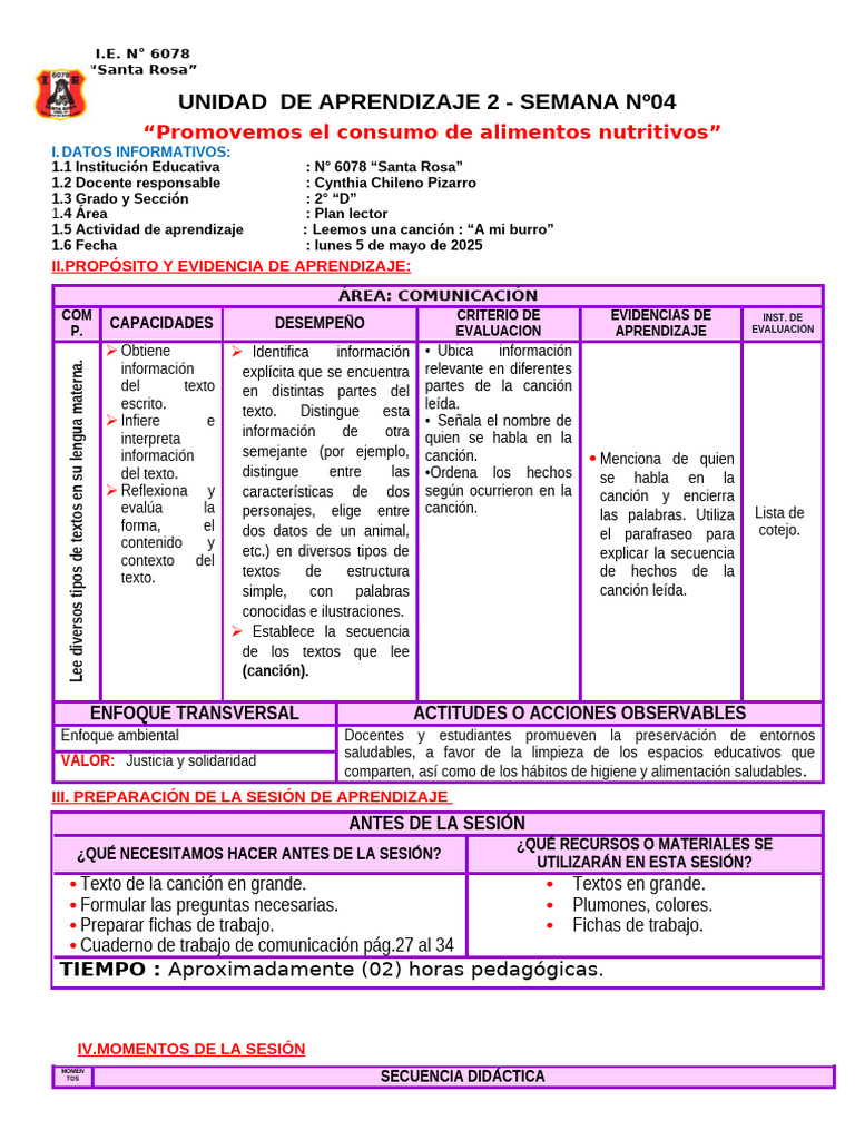 Sesiòn Leemos Una Canciòn A Mi Burro Maestra Janet 2° Grado | PDF ...