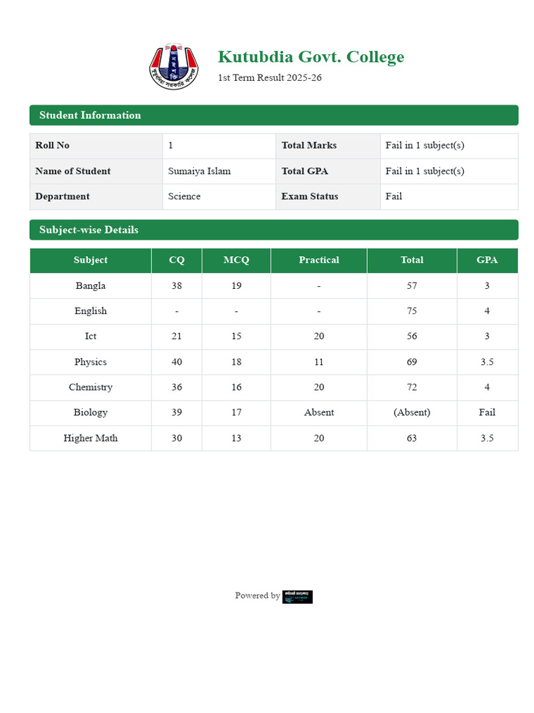 Sumaiya Islam - Science Result Card | PDF