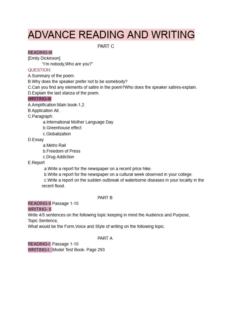 Advance Reading and Writing Test Sugg. | PDF