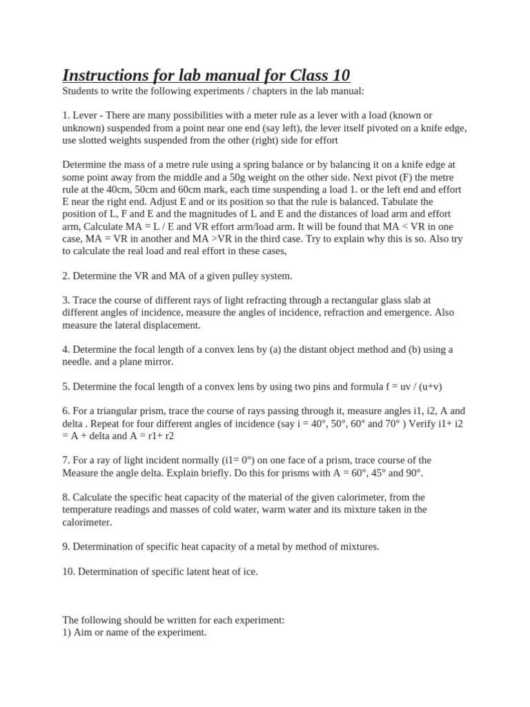 Class 10 Physics Lab Manual Instructions | PDF | Optics | Light