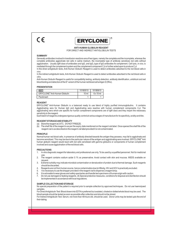 Eryclone Anti-Human Globulin Overview | PDF | Blood | Hematology