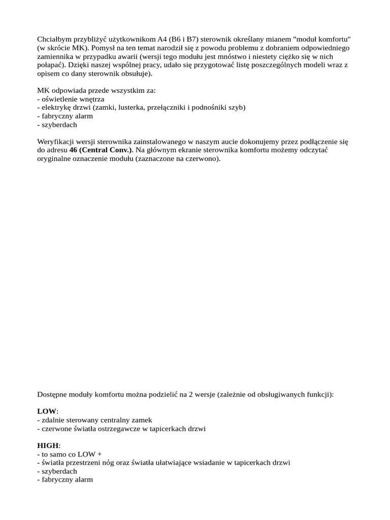 Programowanie Modułu Komfortu | PDF